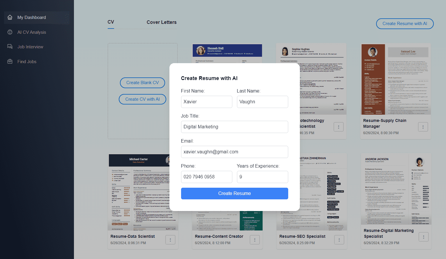 Free online CV Maker and Resume Builder with AI