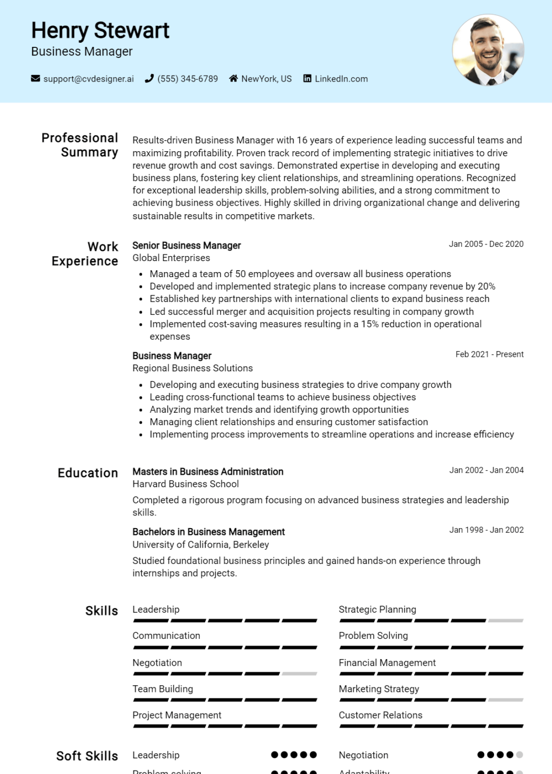 Business Manager Resume Example for 2024: Top CV Skills - CVDesigner.ai