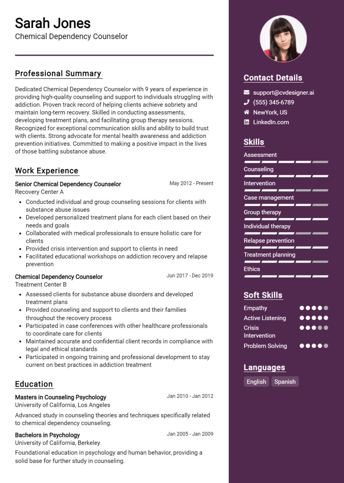 Chemical Dependency Counselor Resume Example for 2024: Best Writing Guide - CVDesigner.ai