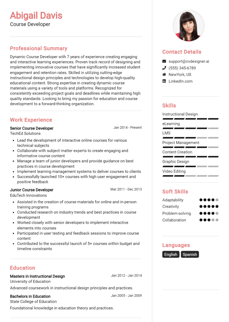 Course Developer Resume Example for 2024: Tips to Stand Out - CVDesigner.ai