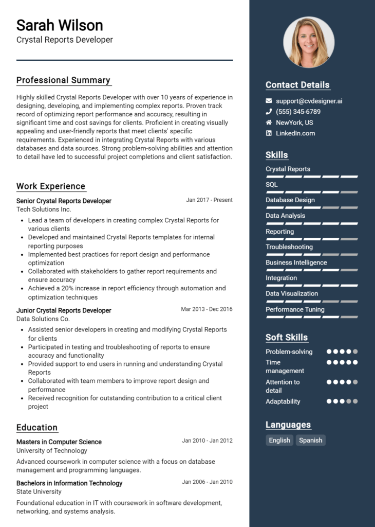 Crystal Reports Developer Resume Example for 2024: Free Guide - CVDesigner.ai