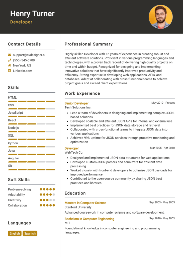 Developer Resume Example for 2025: Effective Tips - CVDesigner.ai