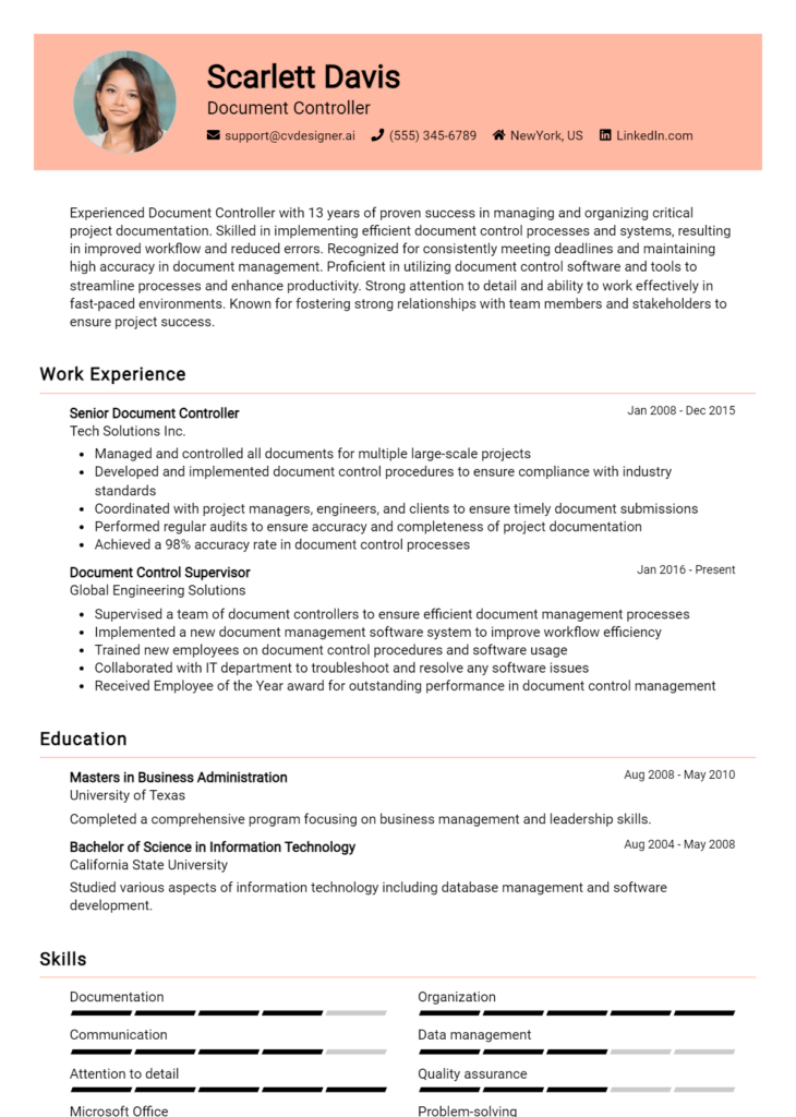 Document Controller Resume Example for 2024: Free Downloadable ...