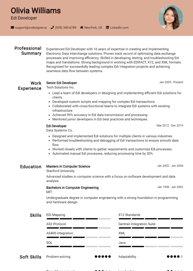 Edi Developer Resume Example for 2024: Free Guide - CVDesigner.ai