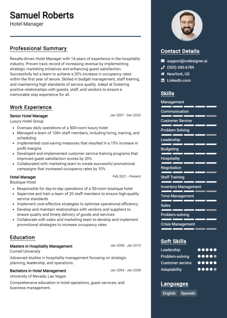 Hotel Manager Resume Example for 2025: Free Guide - CVDesigner.ai