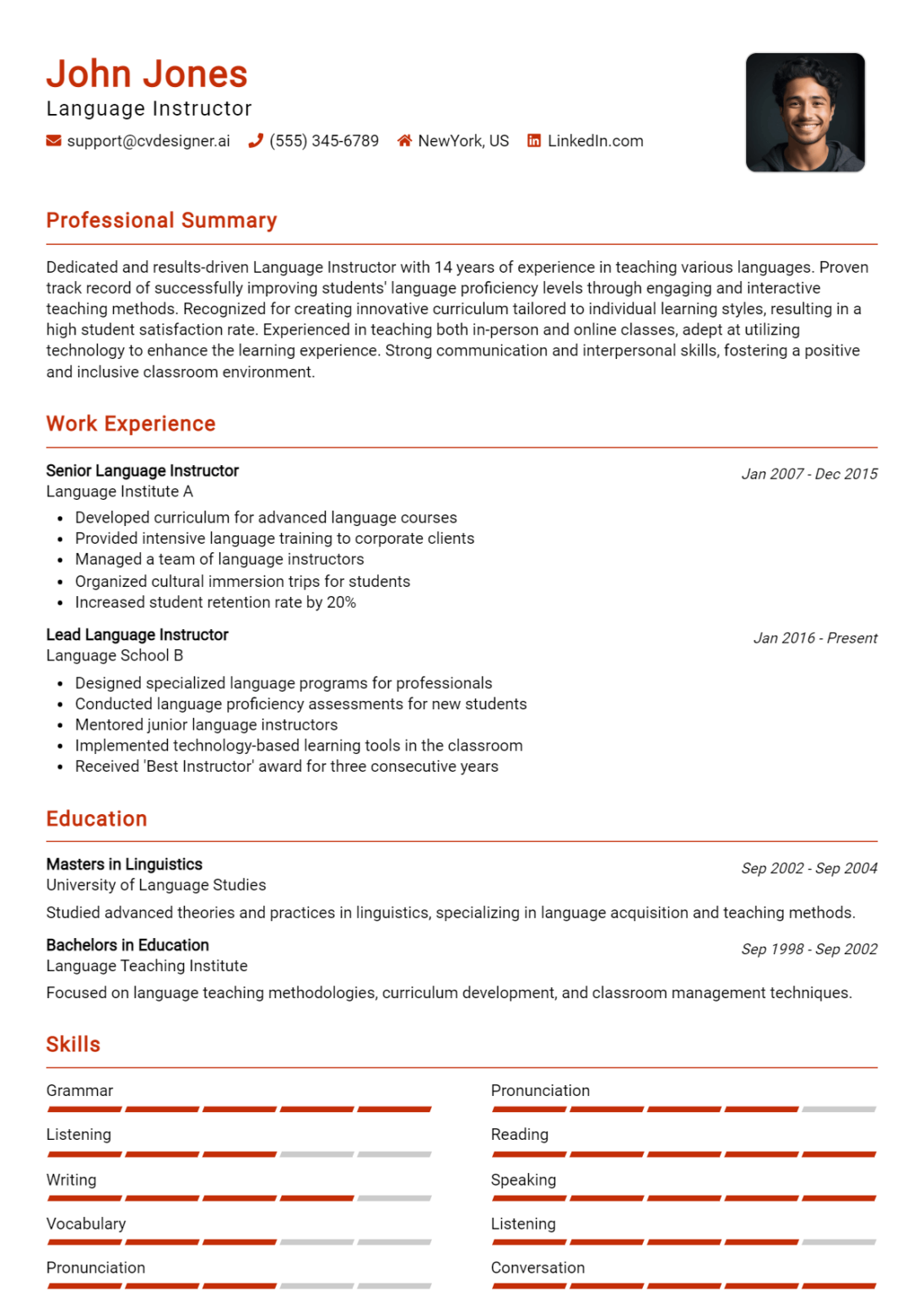 Language Instructor Resume Example for 2024: Effective CV Writing Tips ...