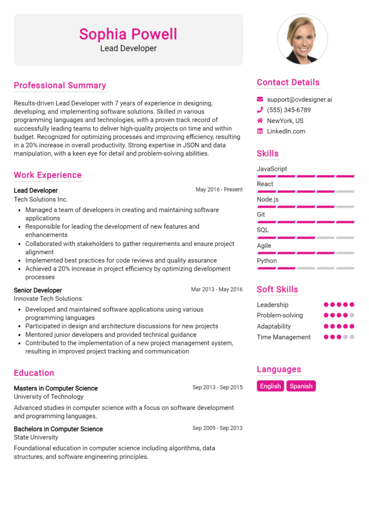 Lead Developer Resume Example for 2024: Writing Guide - CVDesigner.ai