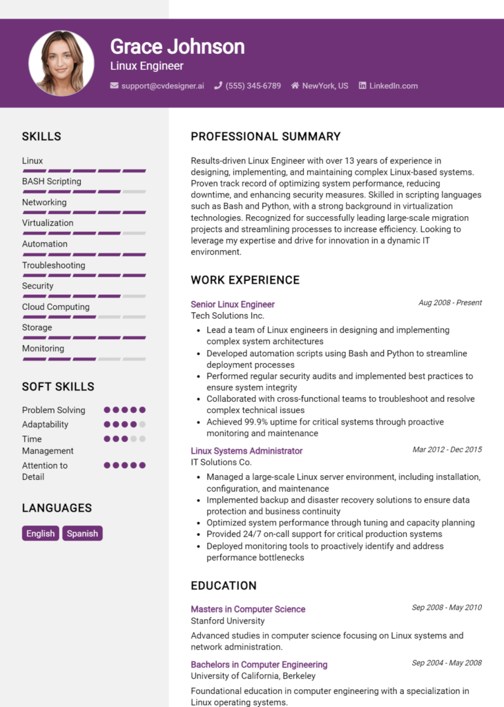 Linux Engineer Resume Example for 2024: Effective Tips - CVDesigner.ai Linux Engineer Resume Example for 2024: Effective Tips - CVDesigner.ai