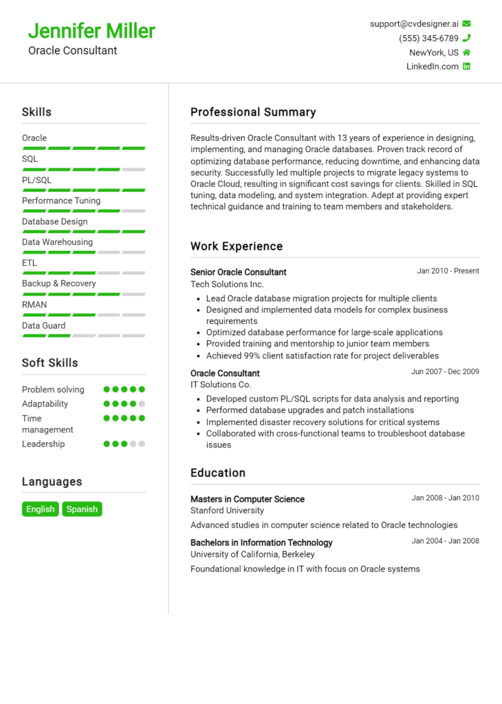 Oracle Consultant Resume Example for 2024: Resume Guide - CVDesigner.ai