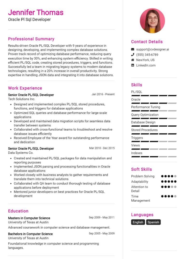 Oracle Pl Sql Developer Resume Example for 2024: Free Guide - CVDesigner.ai Oracle Pl Sql Developer Resume Example for 2024: Free Guide - CVDesigner.ai