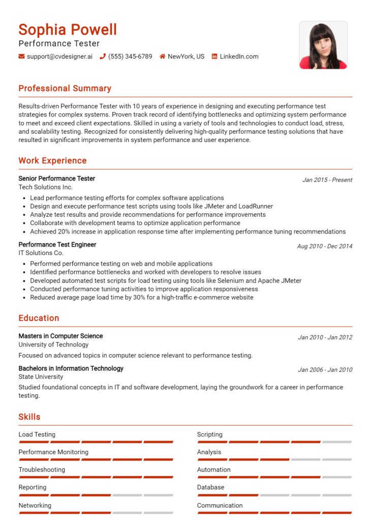 Performance Tester Resume Example for 2024: Ultimate Guide - CVDesigner.ai