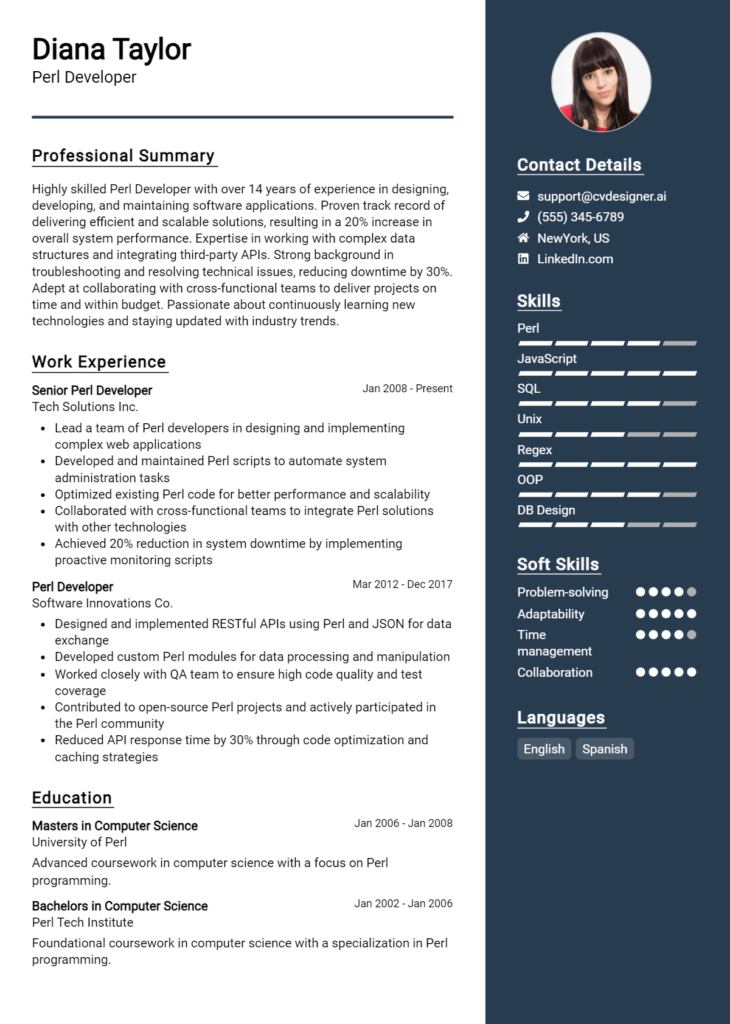 Perl Developer Resume Example for 2024: Top CV Skills - CVDesigner.ai