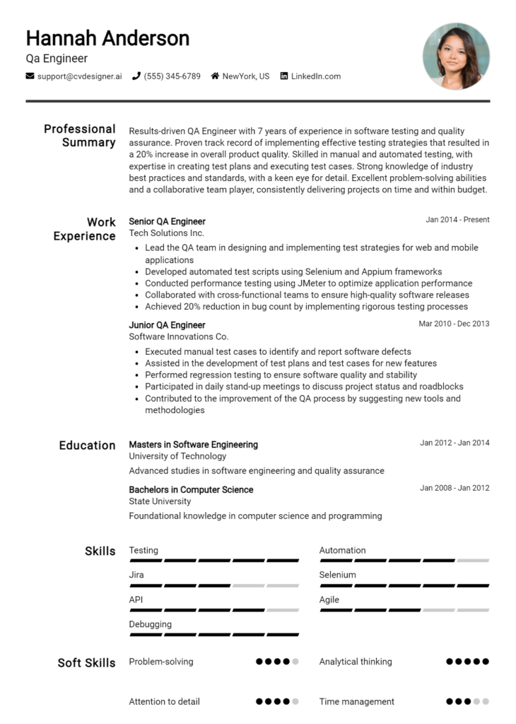 QA Engineer Resume Example for 2024: Downloadable Templates - CVDesigner.ai