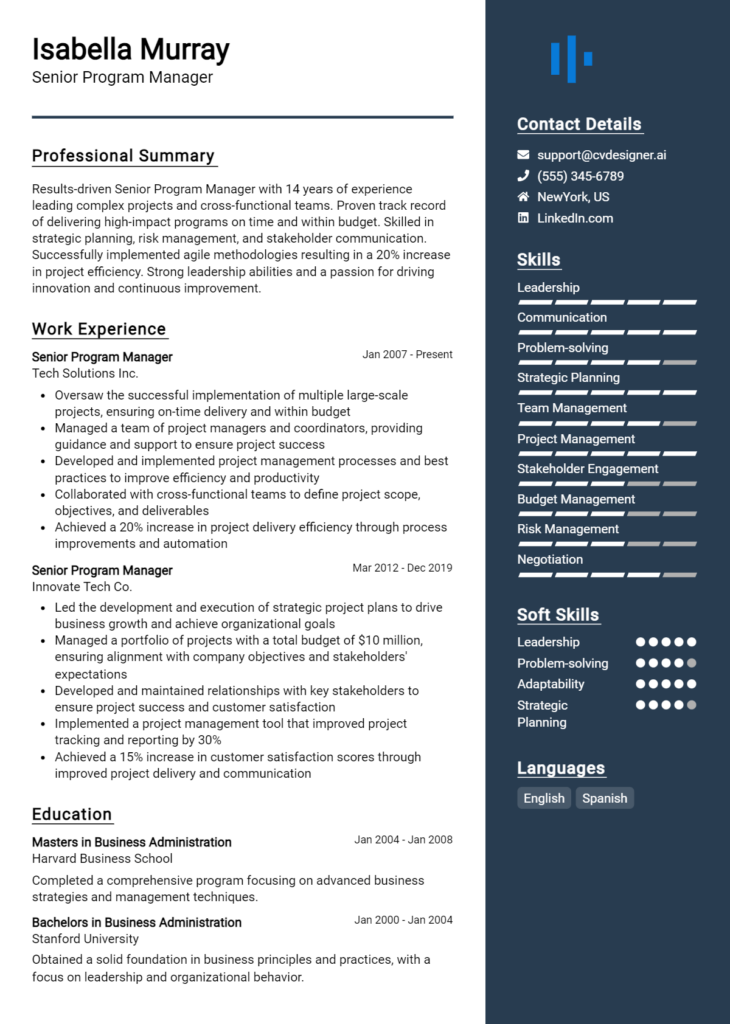 12 Senior Program Manager Resume Example for 2025: Best Tips - CVDesigner.ai
