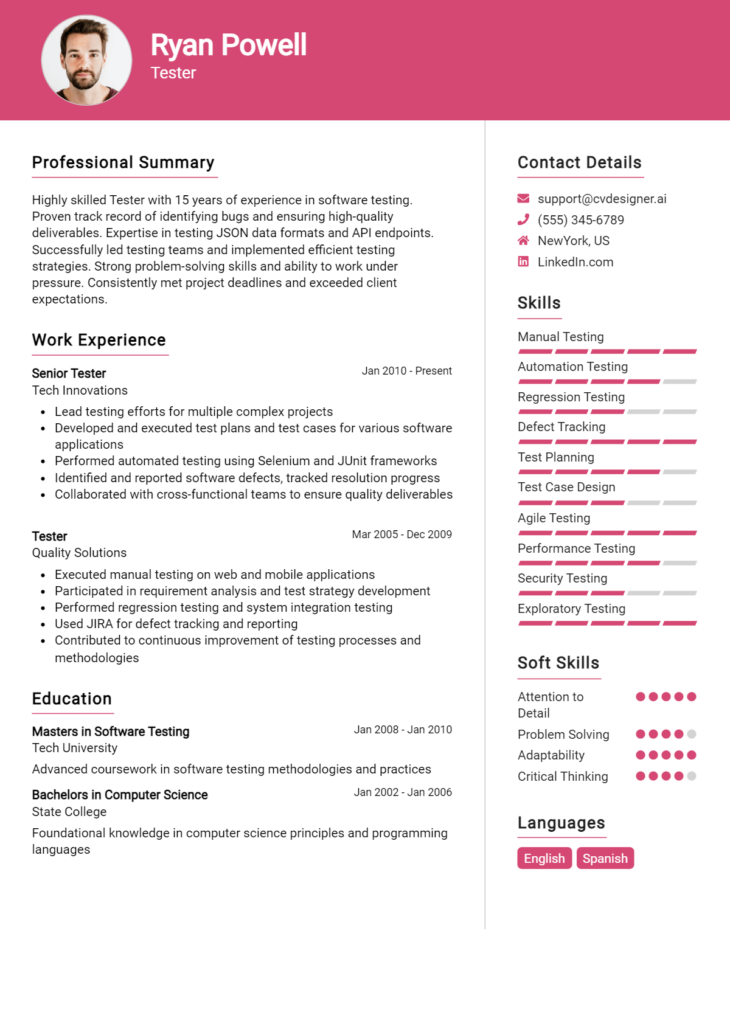 Tester Resume Example for 2025: Top Templates - CVDesigner.ai