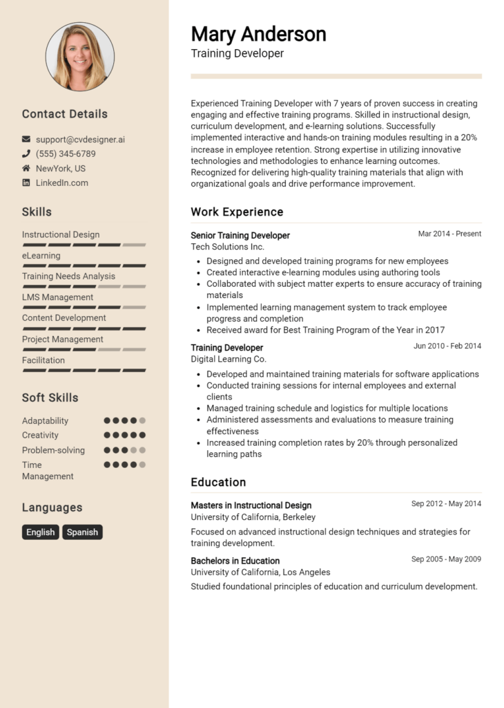 Training Developer Resume Example for 2025: Ultimate Guide - CVDesigner.ai