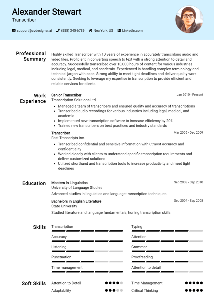 Transcriber Resume Example for 2024: Effective Tips - CVDesigner.ai