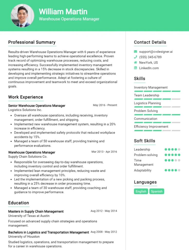 15 Warehouse Manager CV Examples And Writing Guide For 2024 - CVDesigner.ai 15 Warehouse Manager CV Examples And Writing Guide For 2024 - CVDesigner.ai