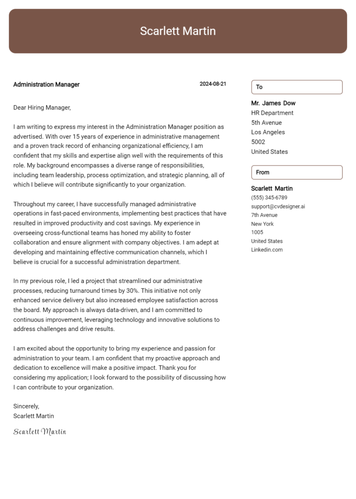 Administration Manager Cover Letter Examples for 2024 (Downloadable ... Administration Manager Cover Letter Examples for 2024 (Downloadable ...