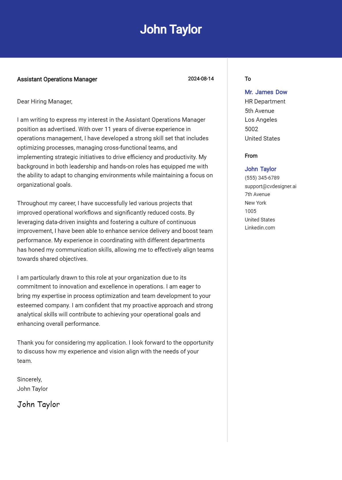 Assistant Operations Manager Cover Letter Examples & Samples for 2024 ... Assistant Operations Manager Cover Letter Examples & Samples for 2024 ...