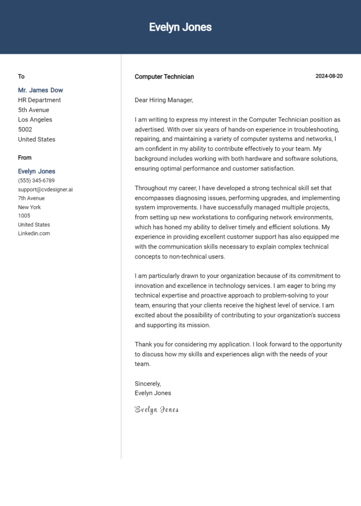Computer Technician Cover Letter Samples & Examples 2024 - CVDesigner.ai