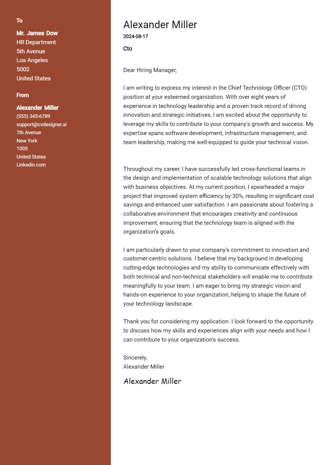 CTO Cover Letter Example for 2024 (Writing Guide) - CVDesigner.ai CTO Cover Letter Example for 2024 (Writing Guide) - CVDesigner.ai