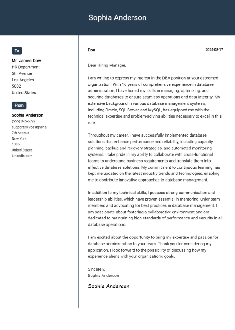 DBA Cover Letter Examples & Samples for 2024 - CVDesigner.ai DBA Cover Letter Examples & Samples for 2024 - CVDesigner.ai