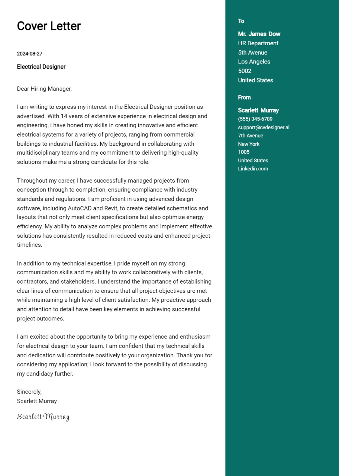 16 CAD Designer Cover Letter Samples & Examples 2024 - CVDesigner.ai