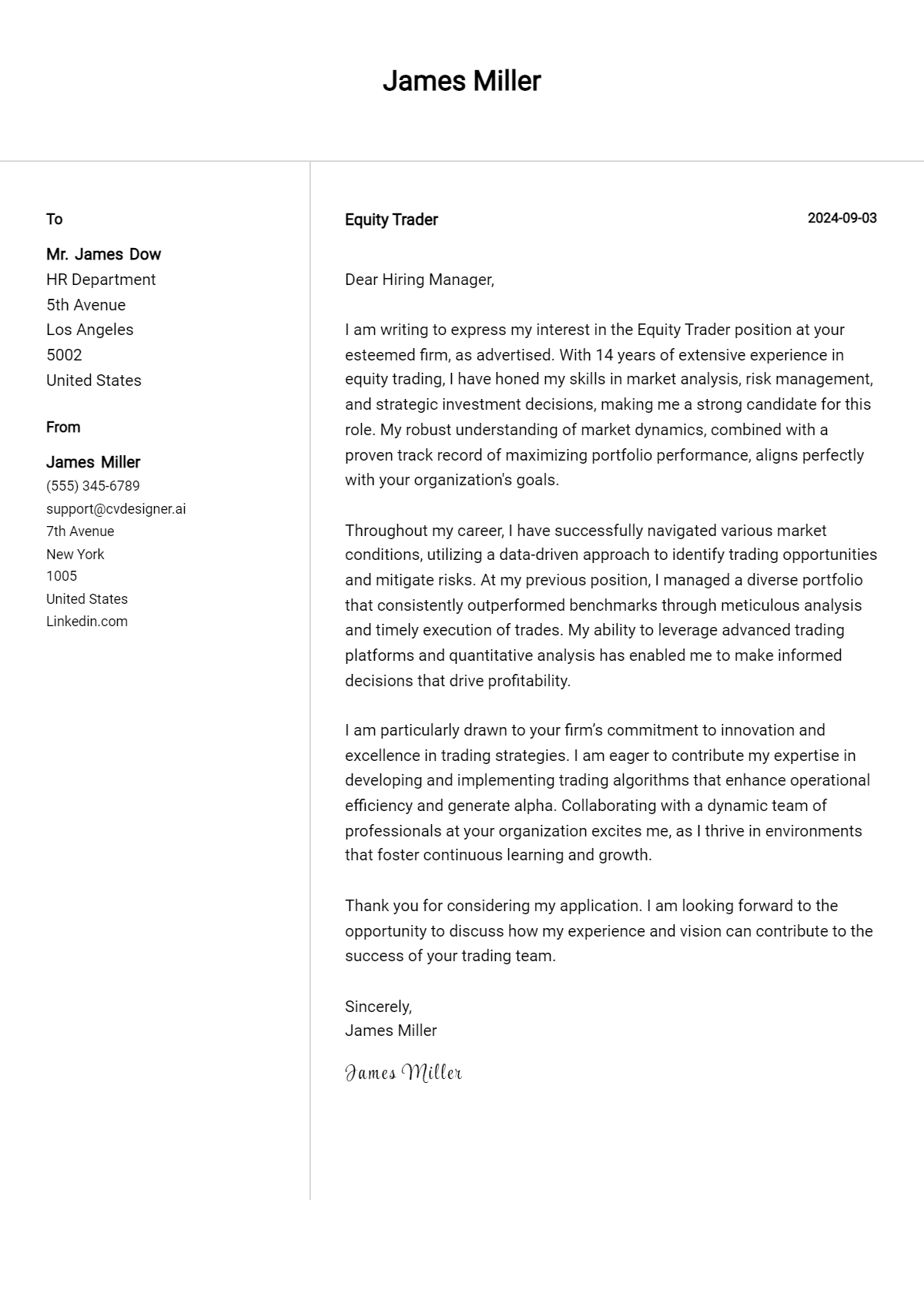 Equity Trader Cover Letter Examples & Samples for 2024 - CVDesigner.ai Equity Trader Cover Letter Examples & Samples for 2024 - CVDesigner.ai