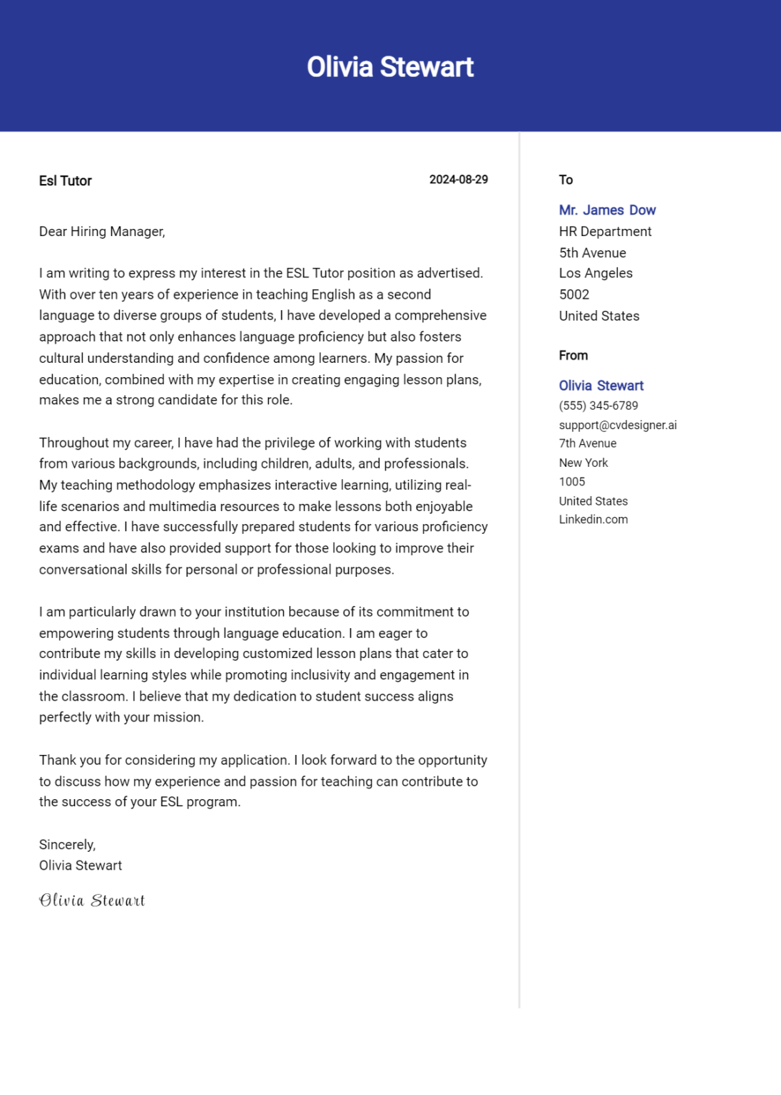 ESL Tutor Cover Letter Example for 2024: Proven Tips - CVDesigner.ai