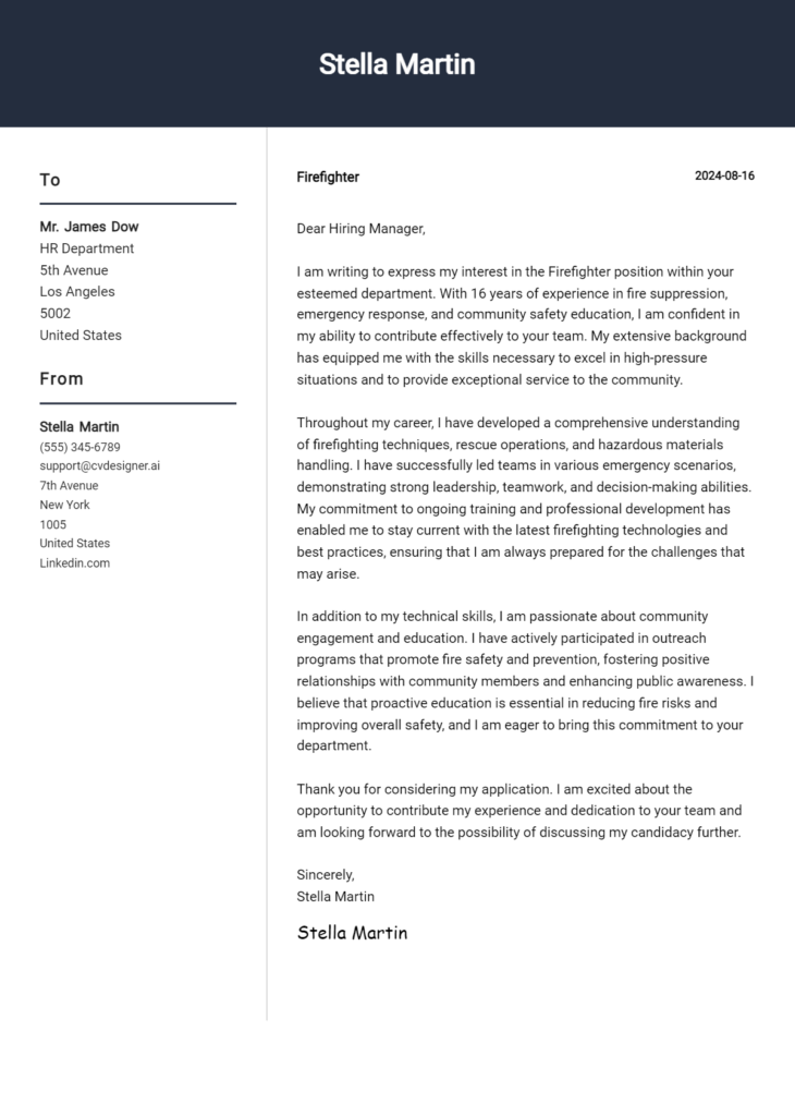 Firefighter Cover Letter Example for 2025: Tips & Templates - CVDesigner.ai