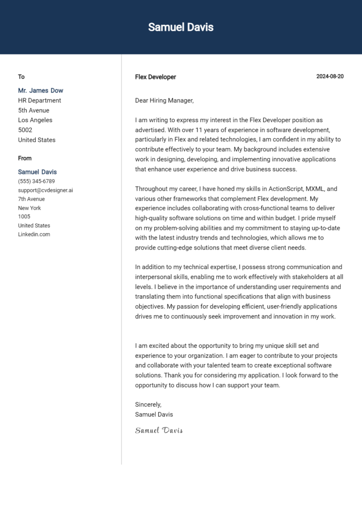 Flex Developer Cover Letter Examples and Templates for 2024 - CVDesigner.ai