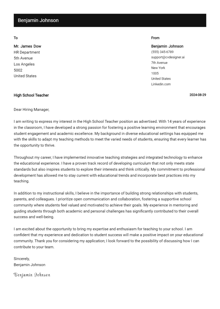 10 High School Teacher Cover Letter Examples for 2024 (Complete Writing ...