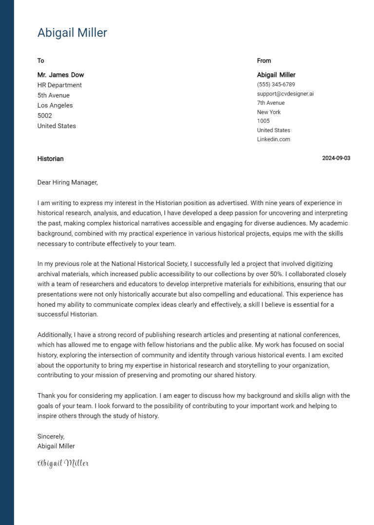 Historian Cover Letter Example for 2024: Free Templates - CVDesigner.ai