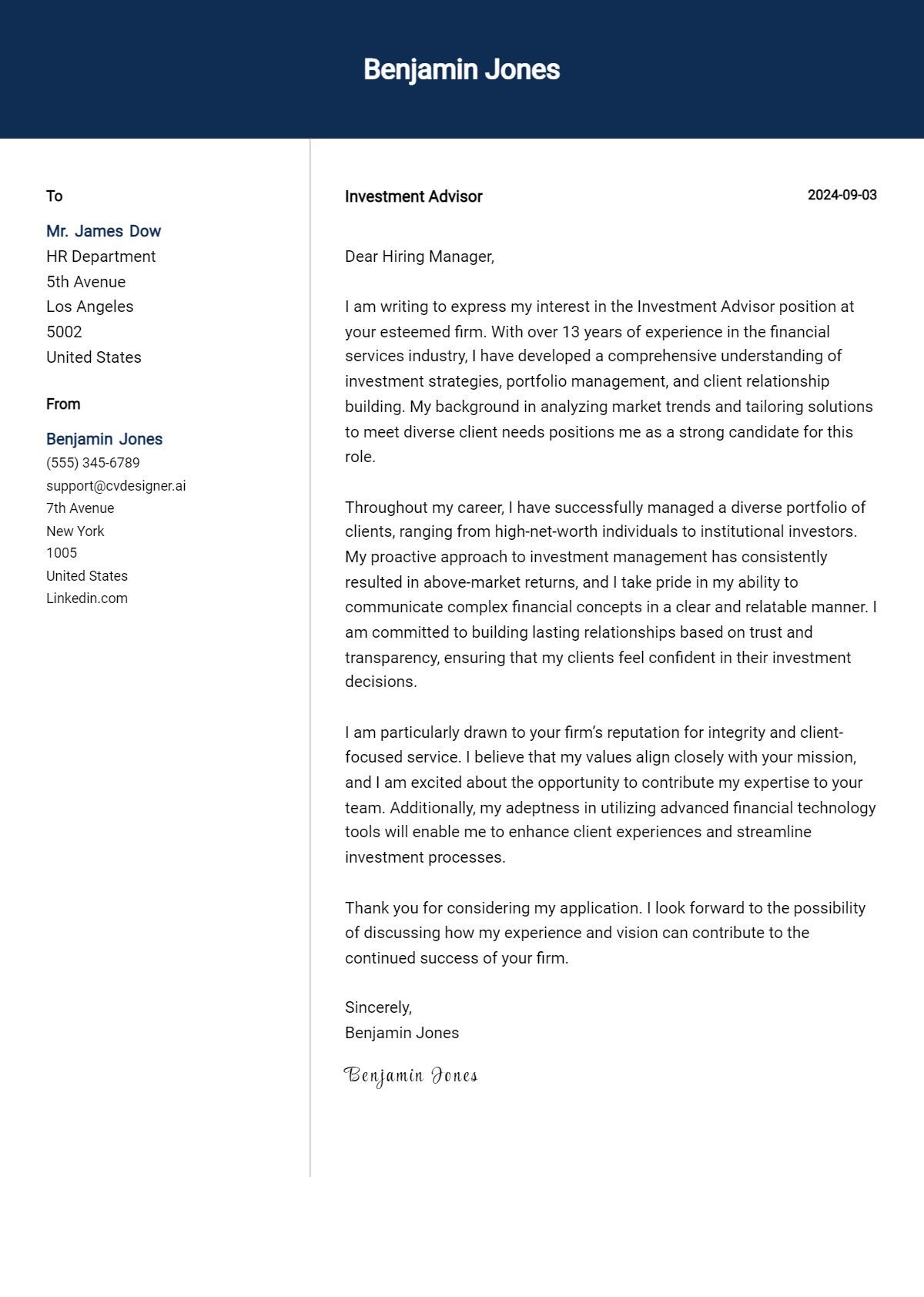 Investment Advisor Cover Letter Examples with Writing Tips for 2024 ... Investment Advisor Cover Letter Examples with Writing Tips for 2024 ...