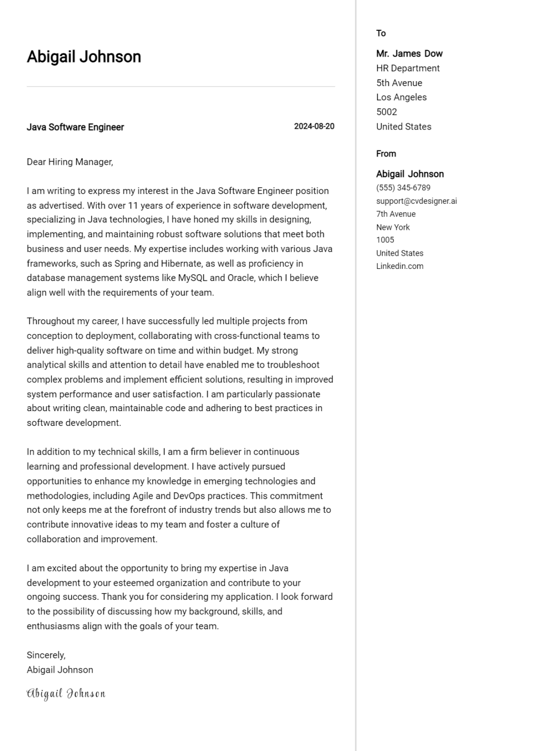 Java Software Engineer Cover Letter Example for 2025: Top CV Skills ...
