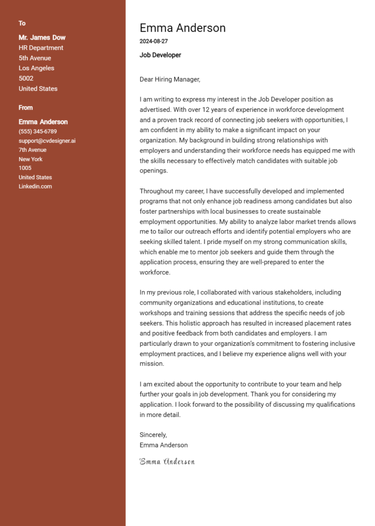 Job Developer Cover Letter Examples & Samples for 2025 - CVDesigner.ai