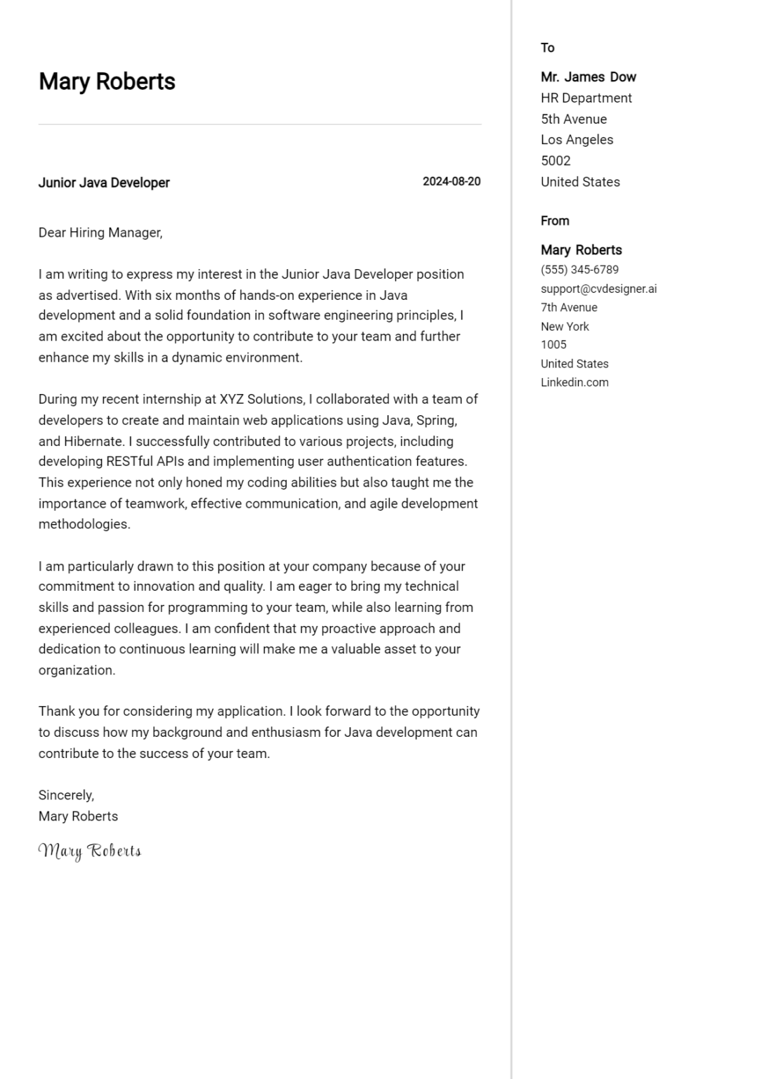 Junior Java Developer Cover Letter Example for 2025: Ultimate Guide ...