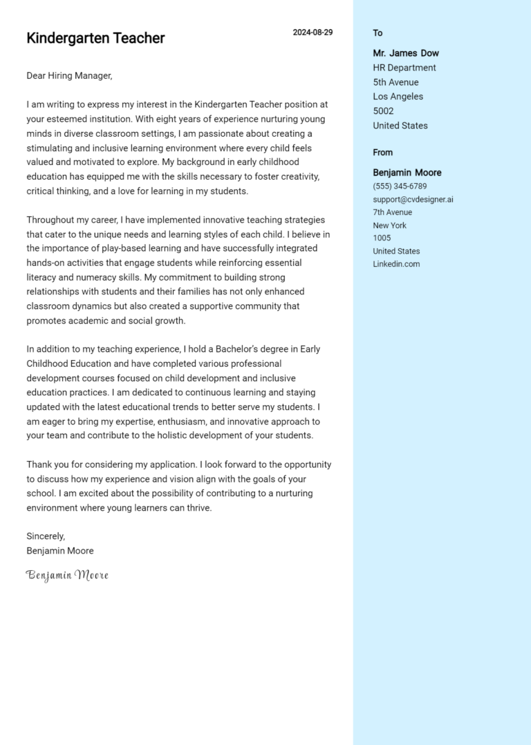 Kindergarten Teacher Cover Letter Example for 2024 (Writing Guide ...