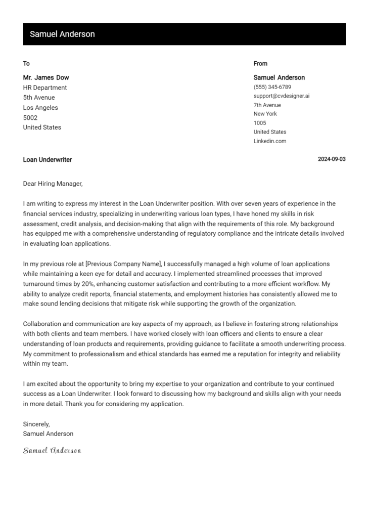 Loan Underwriter Cover Letter Example For 2024 Tips And Templates Cvdesigner Ai