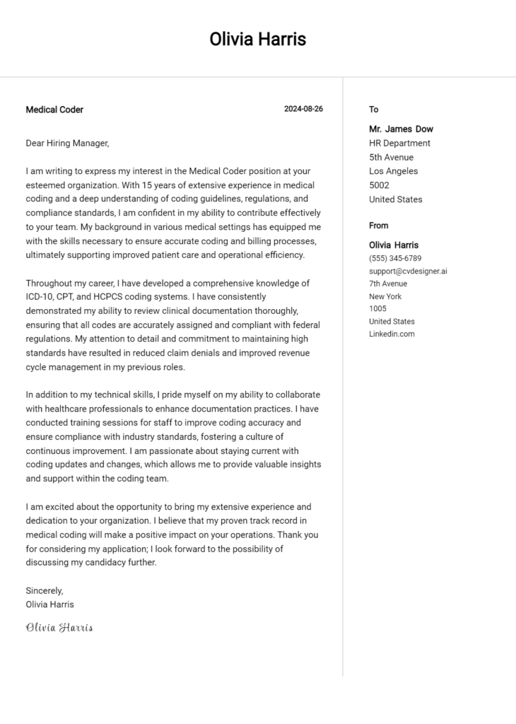 26 Medical Coder Cover Letter Samples & Examples 2024 - CVDesigner.ai