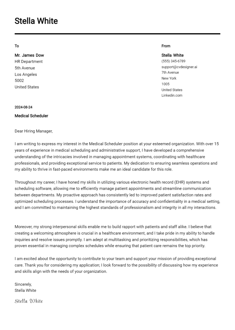 Medical Scheduler Cover Letter Example for 2024 (Download Templates ... Medical Scheduler Cover Letter Example for 2024 (Download Templates ...