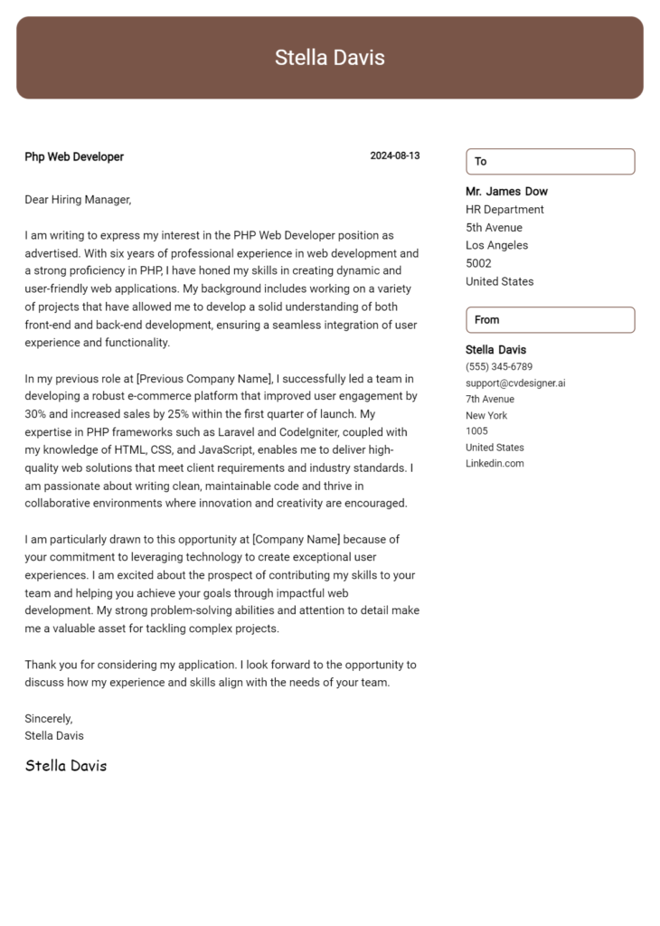 Php Web Developer Cover Letter Example for 2025: Tips & Templates ...
