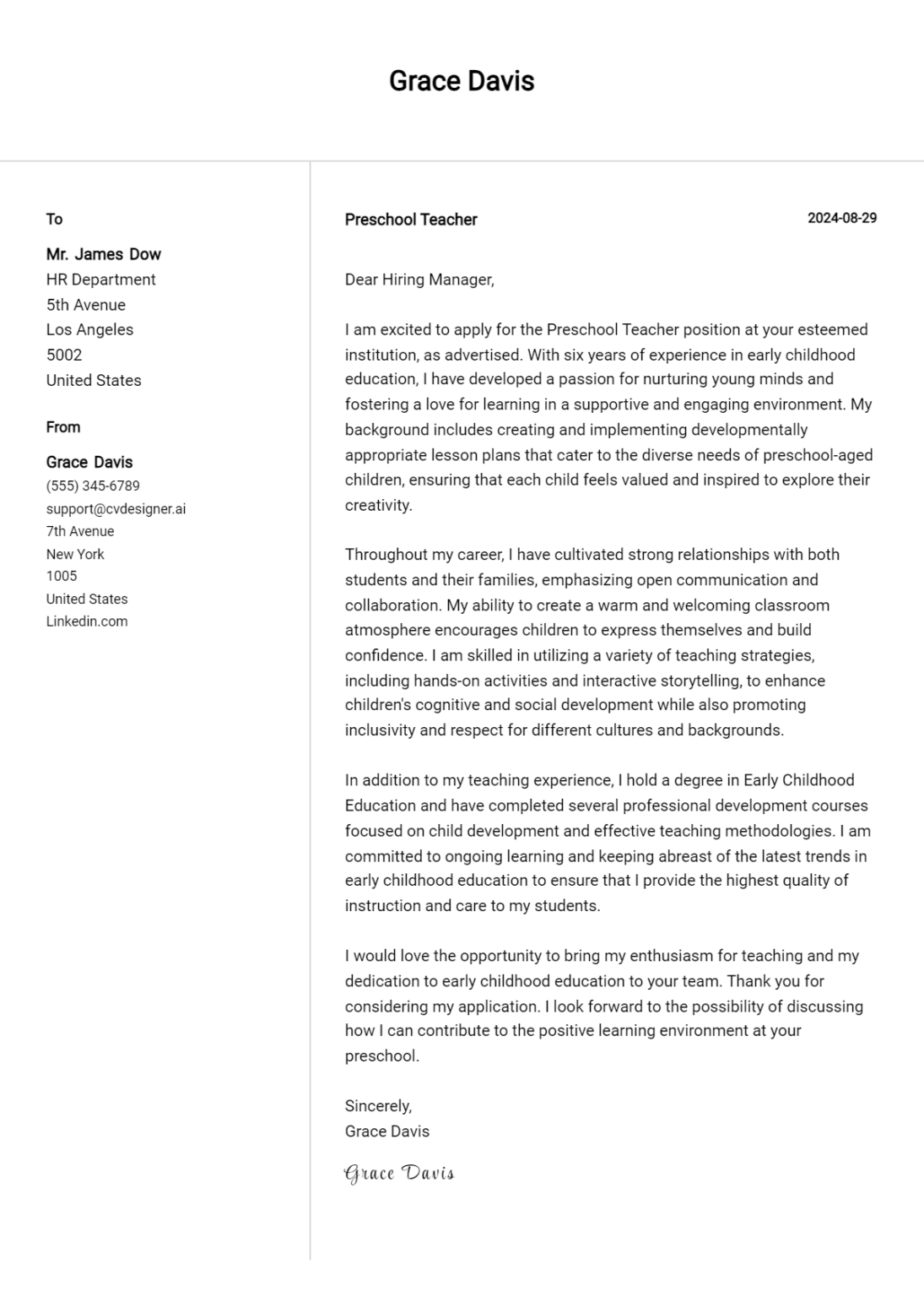 5 Preschool Teacher Cover Letter Examples and Templates for 2024 ...