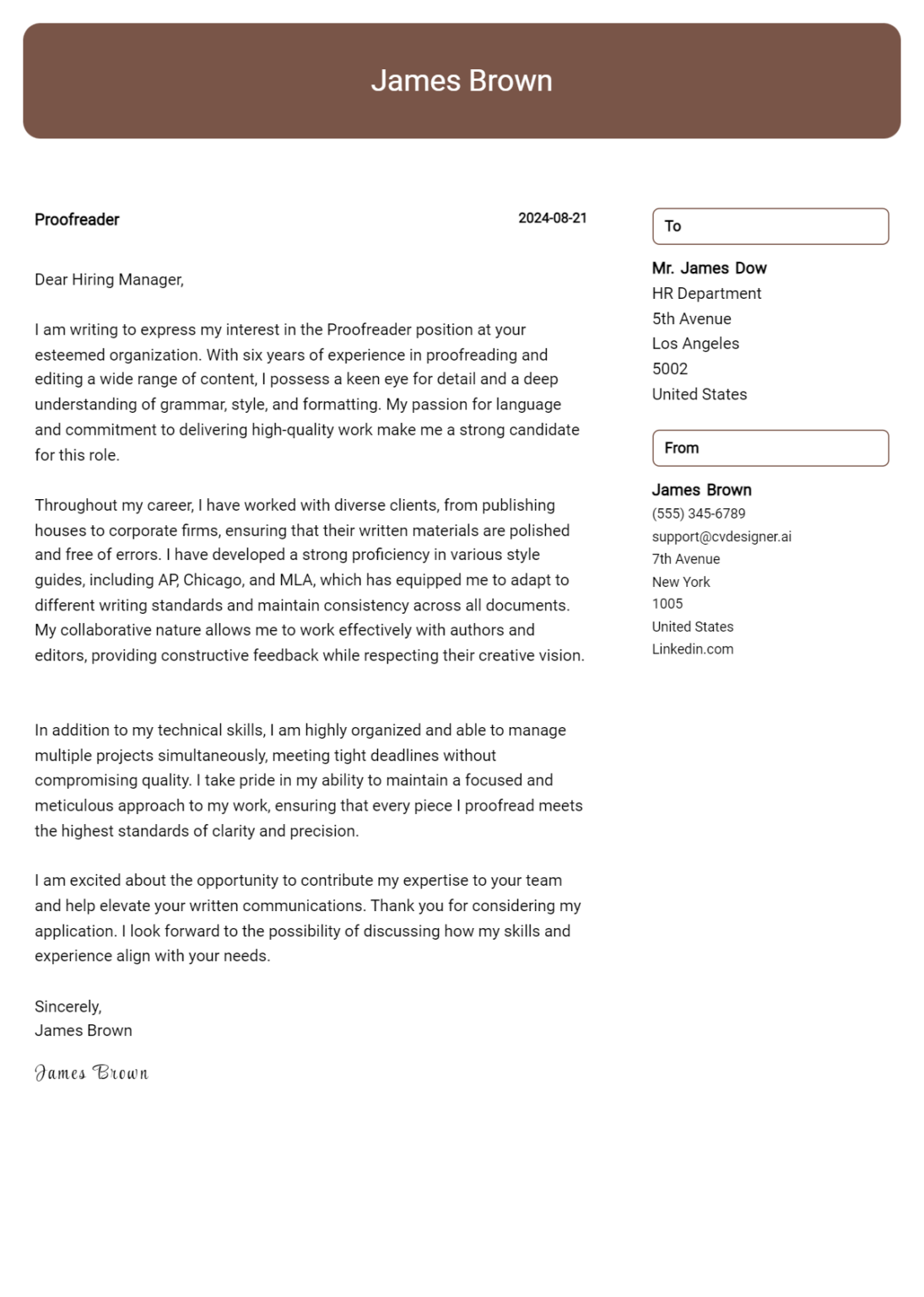 Proofreader Cover Letter Example for 2024: Free Templates - CVDesigner.ai