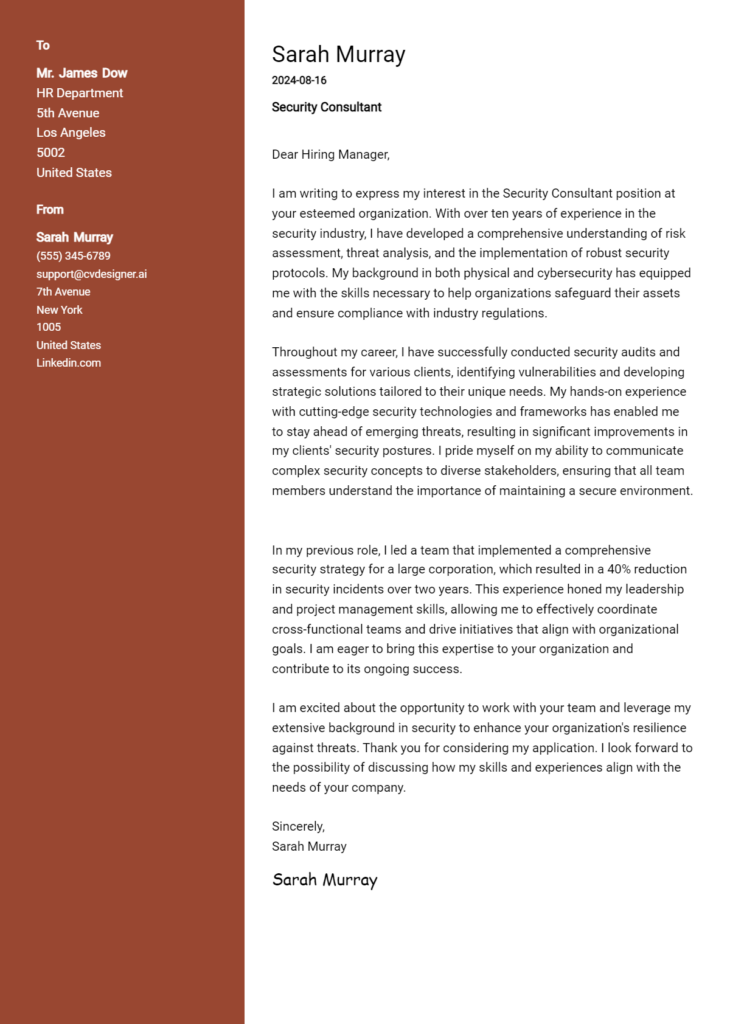 Security Consultant Cover Letter Example for 2024 (Download Templates ... Security Consultant Cover Letter Example for 2024 (Download Templates ...