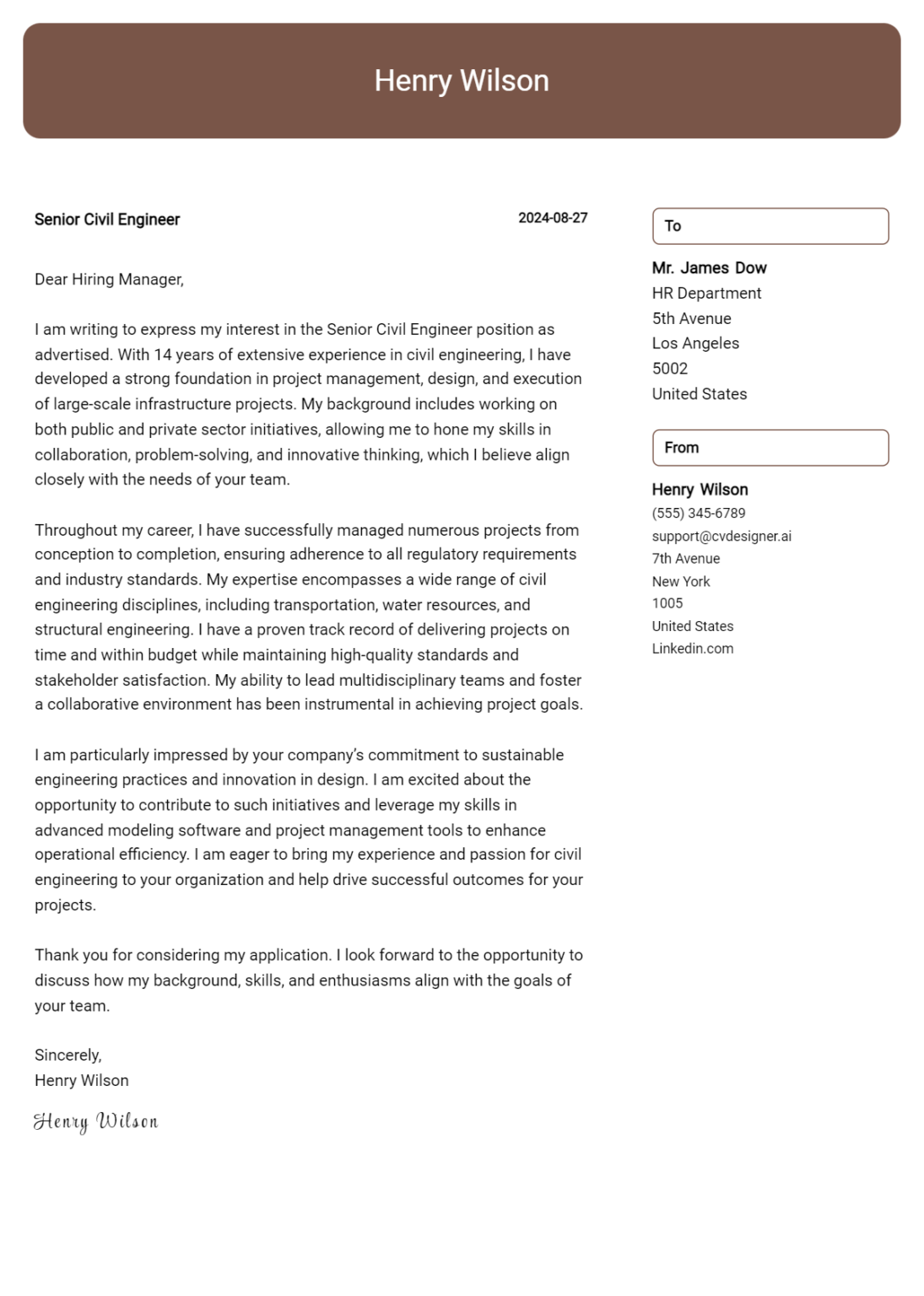 Senior Civil Engineer Cover Letter Example for 2024 (Free Templates ...