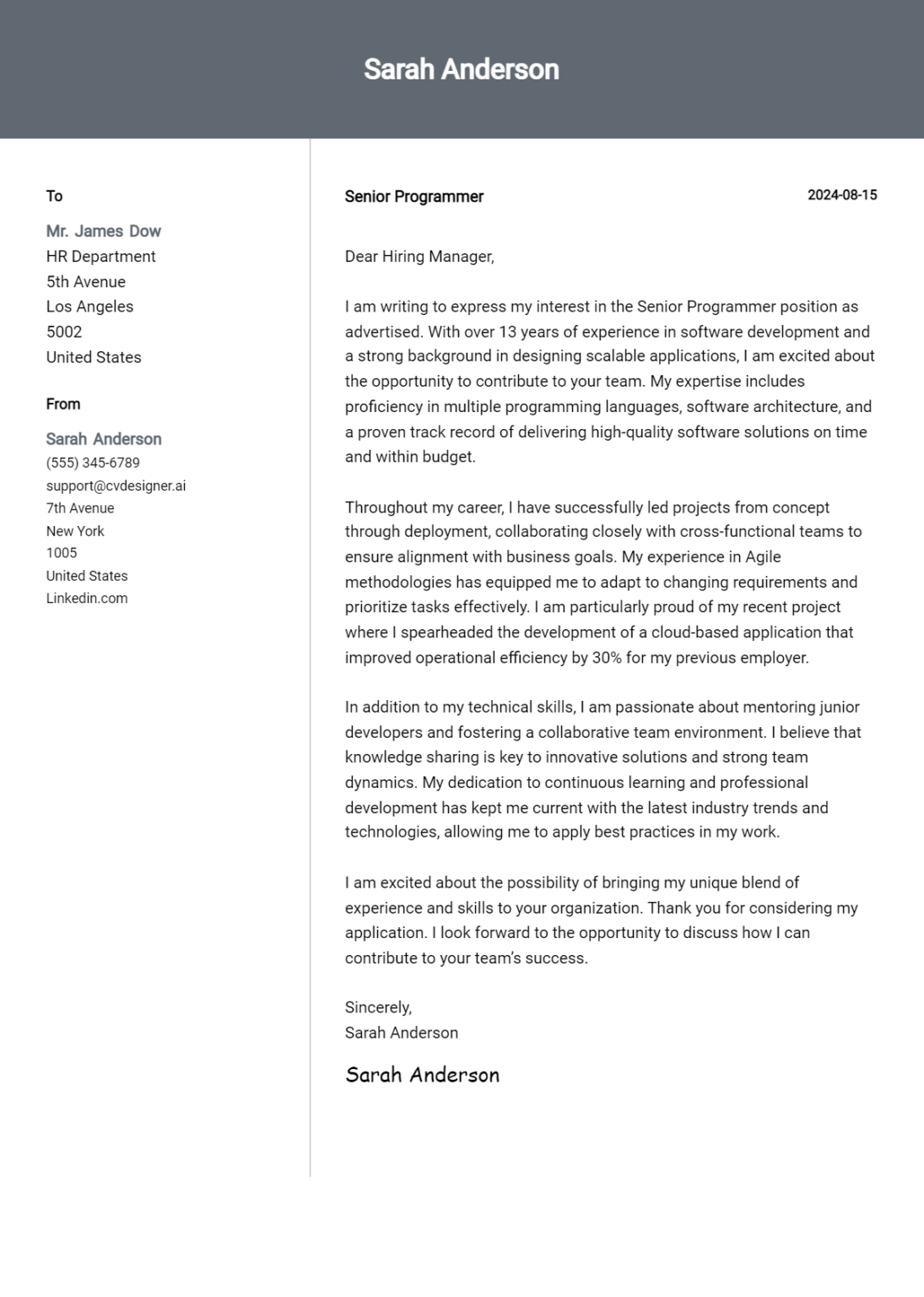 22 Senior Programmer Cover Letter Examples and Templates for 2024 ...