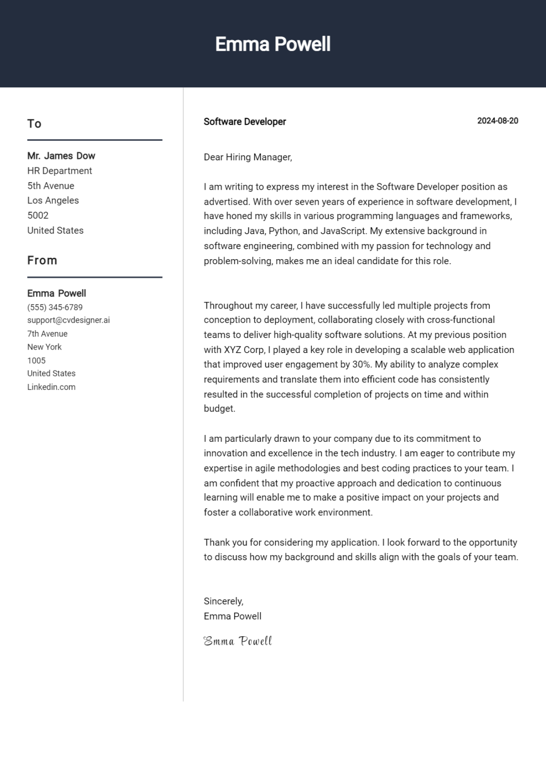 Software Developer Cover Letter Examples and Templates for 2024 ...