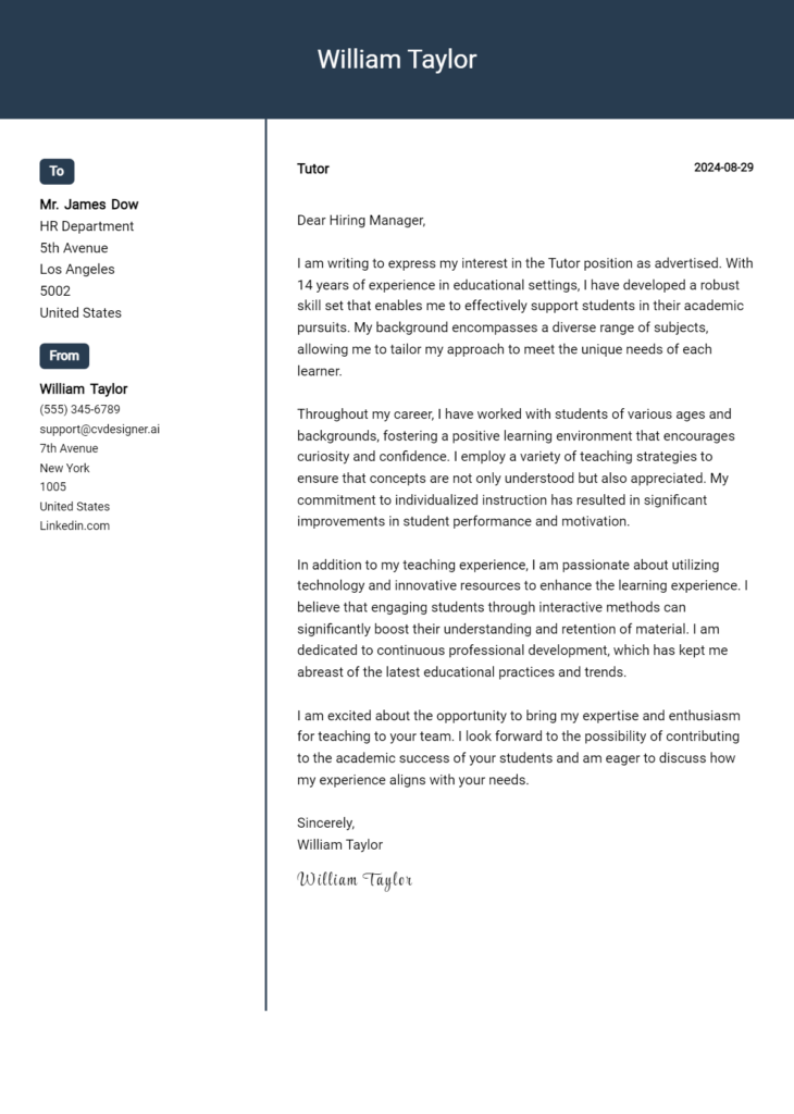 Tutor Cover Letter Example for 2024: Ultimate Guide - CVDesigner.ai